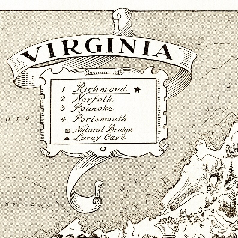 Vintage State Map of Virginia – Fun Pictorial Whimsical Cartoon Print ...