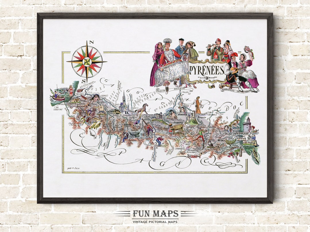 Fun Map of Pyrenees a French Province, France, FR - Vintage Pictorial ...