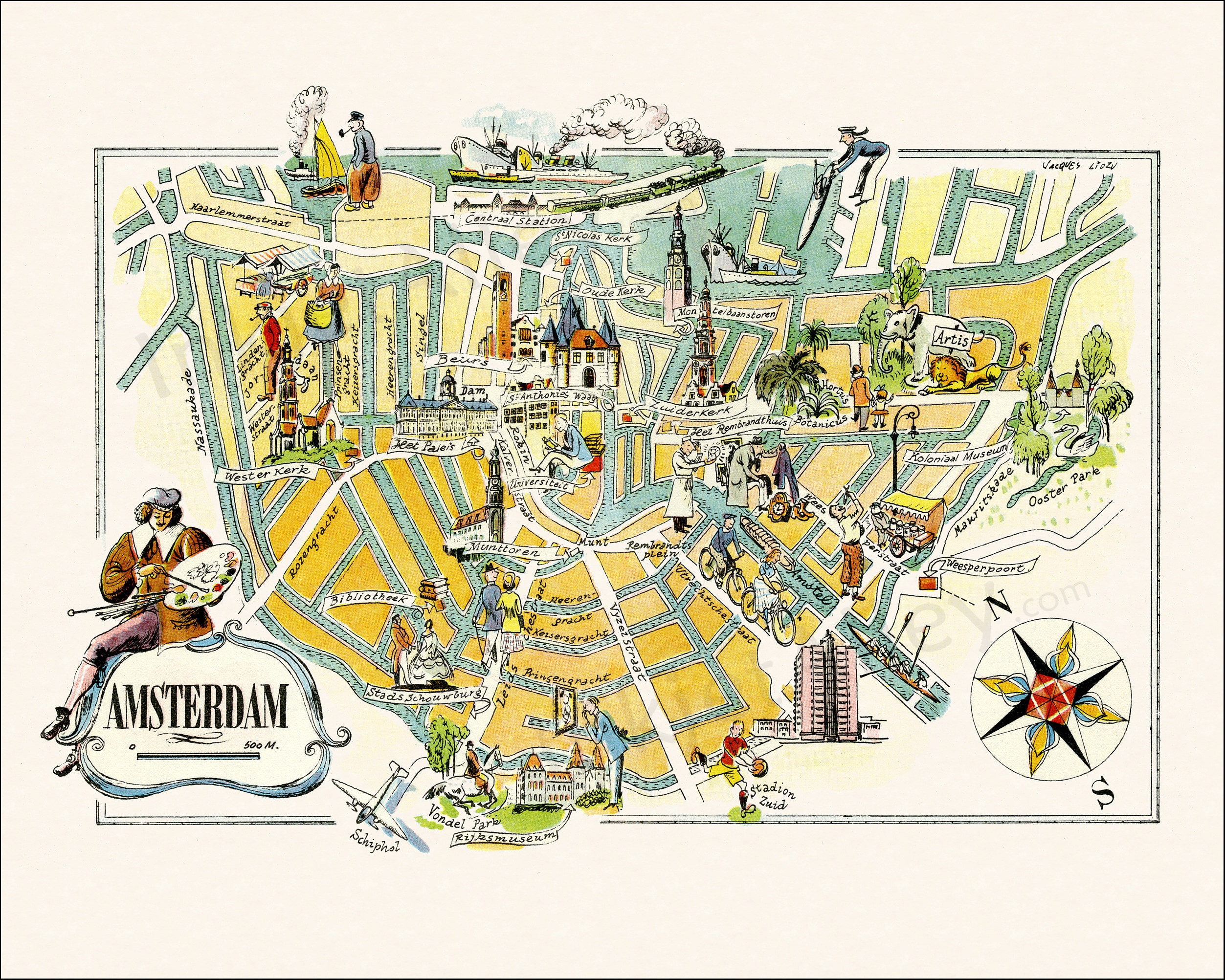Fun Map of Amsterdam in the Netherlands, Holland Vintage Pictorial ...