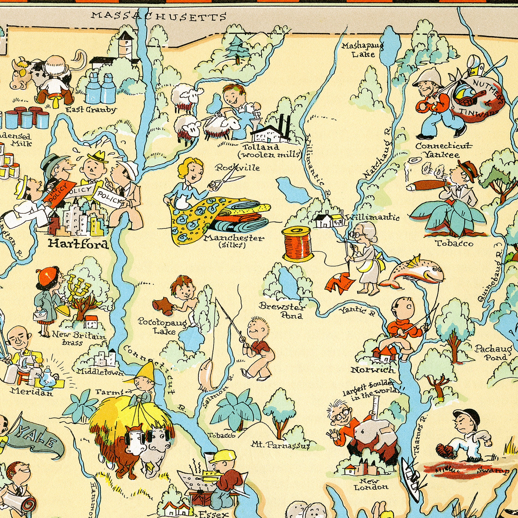 Fun State Map of Connecticut Vintage Pictorial Whimsical Cartoon Print ...