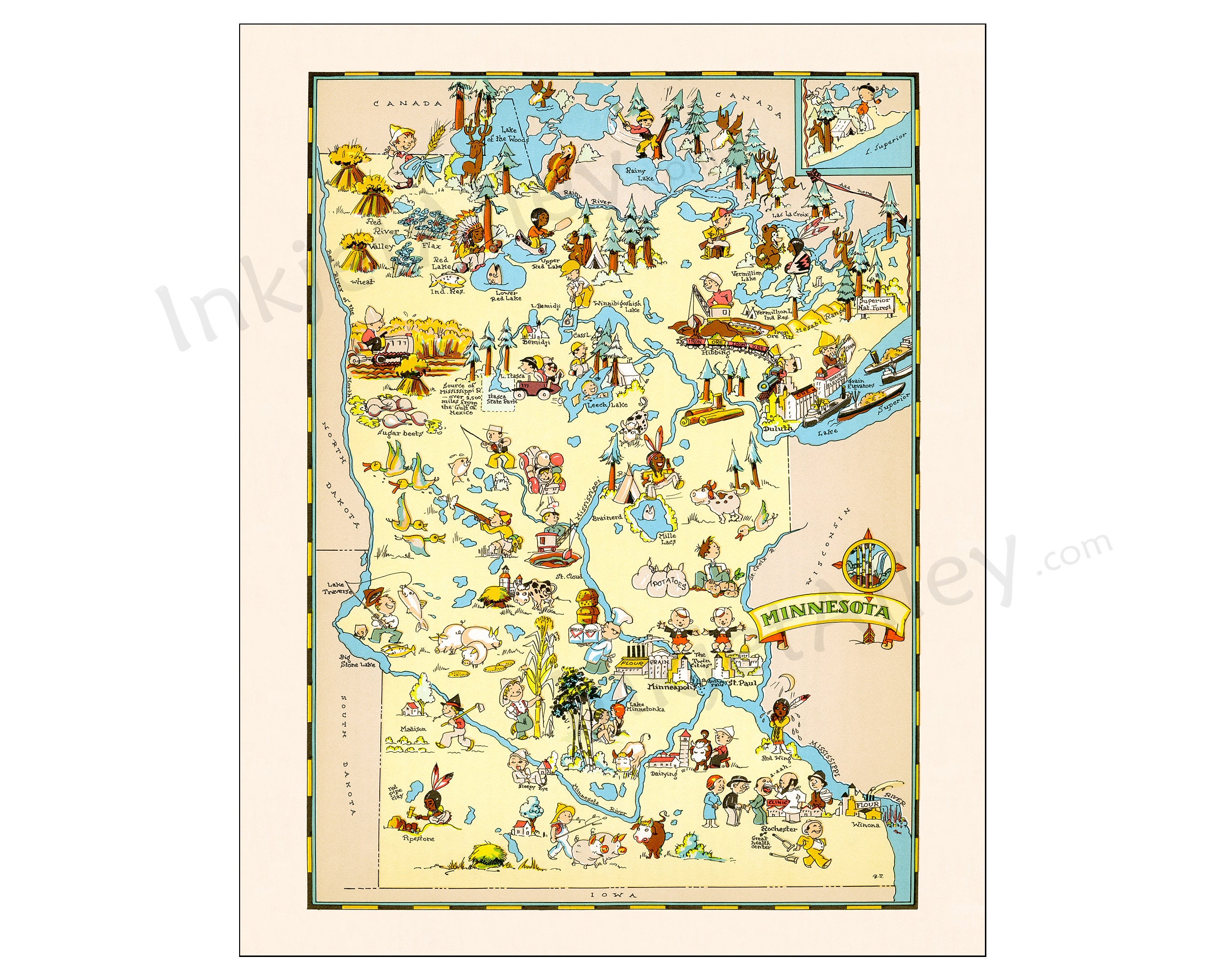 Fun State Map of Minnesota Vintage Pictorial Whimsical Cartoon Print ...