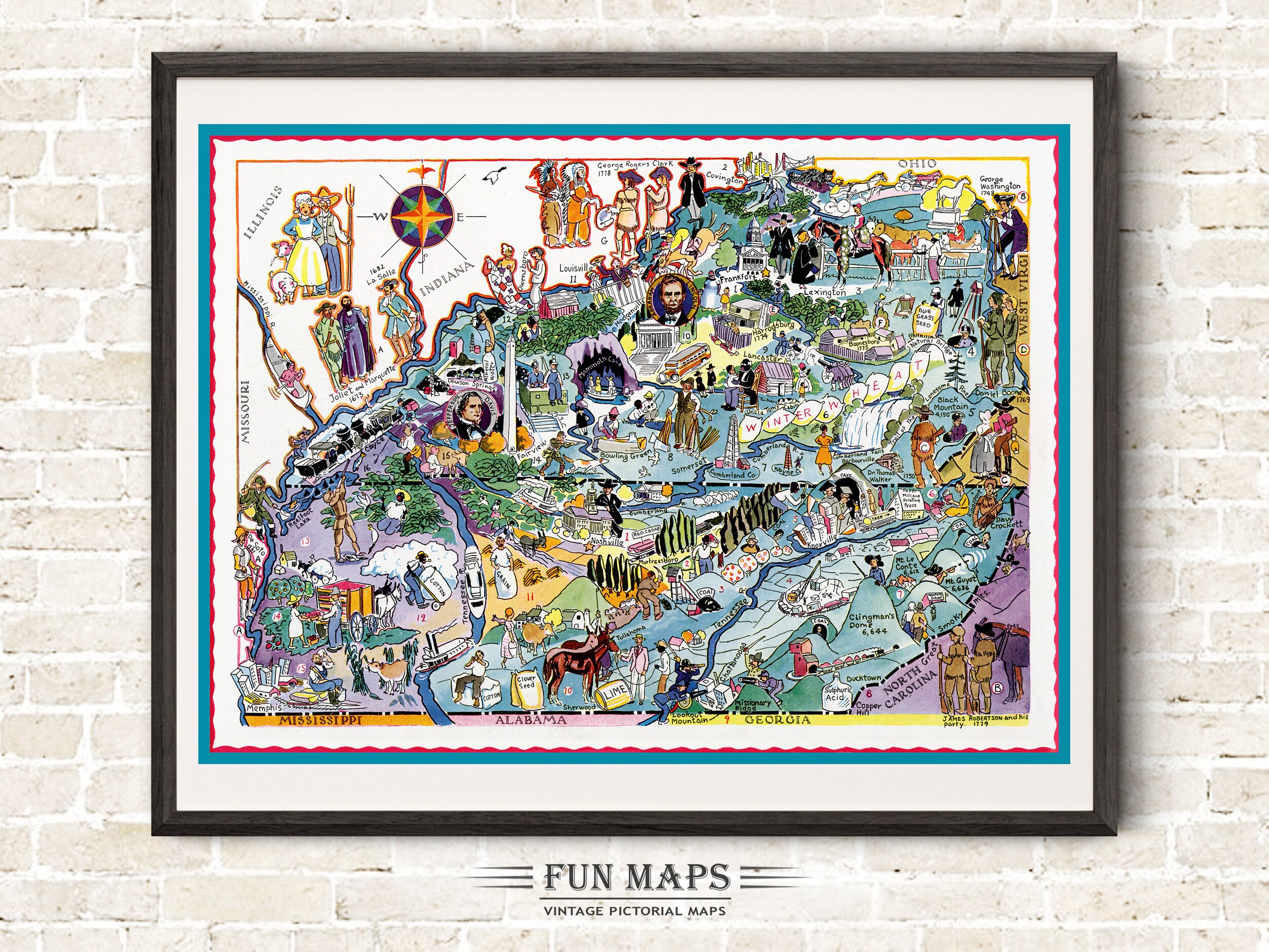 Vintage State Map of Kentucky & Tennessee – Pictorial Whimsical Print ...