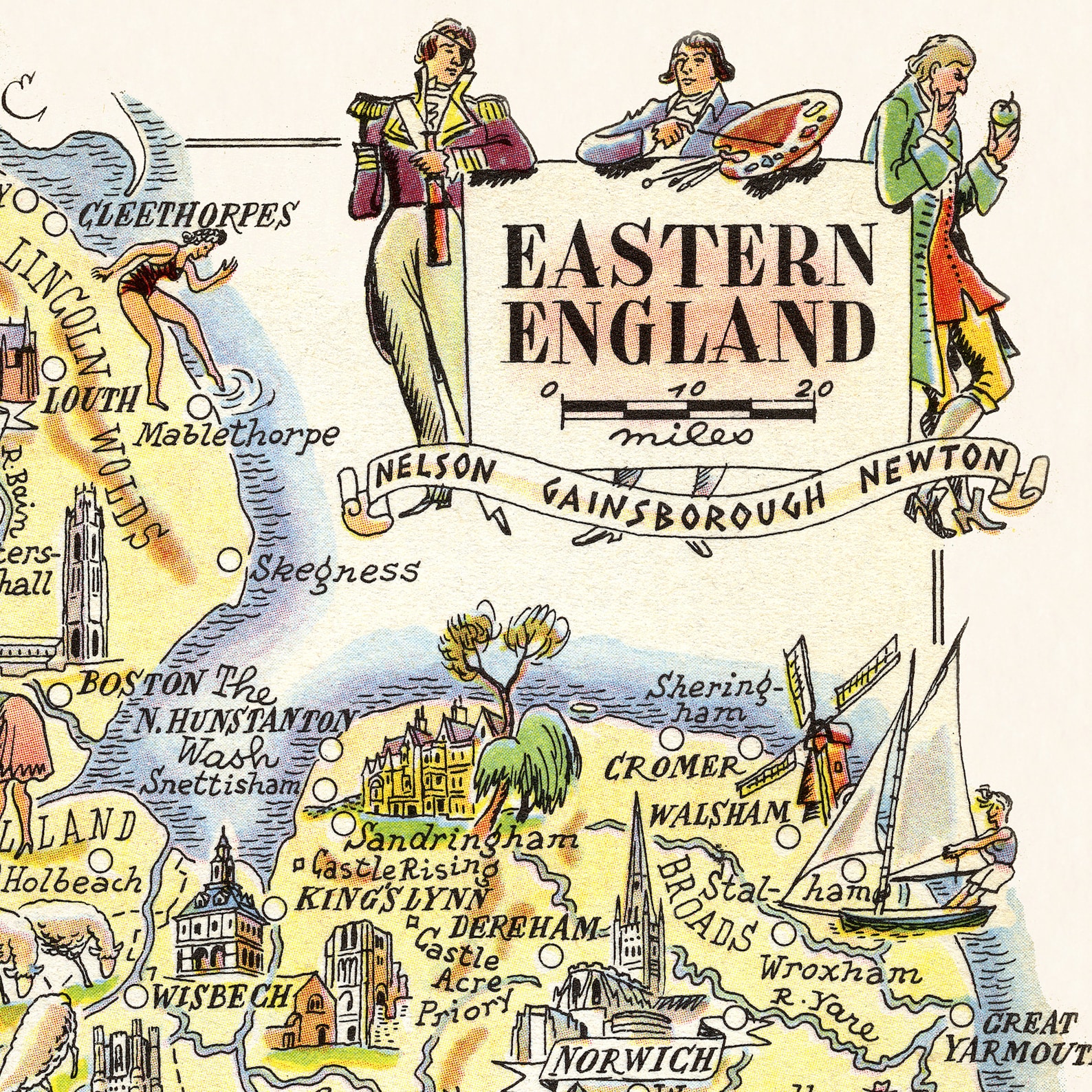Fun Map of Eastern England in Great Britain, England, UK, Vintage ...