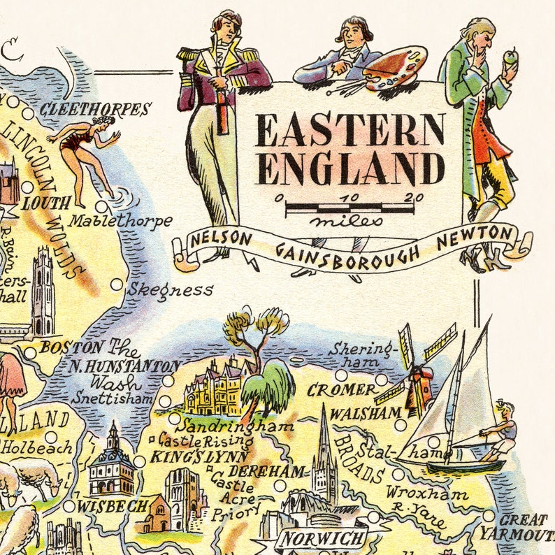 Fun Map of Eastern England in Great Britain, England, UK, Vintage ...