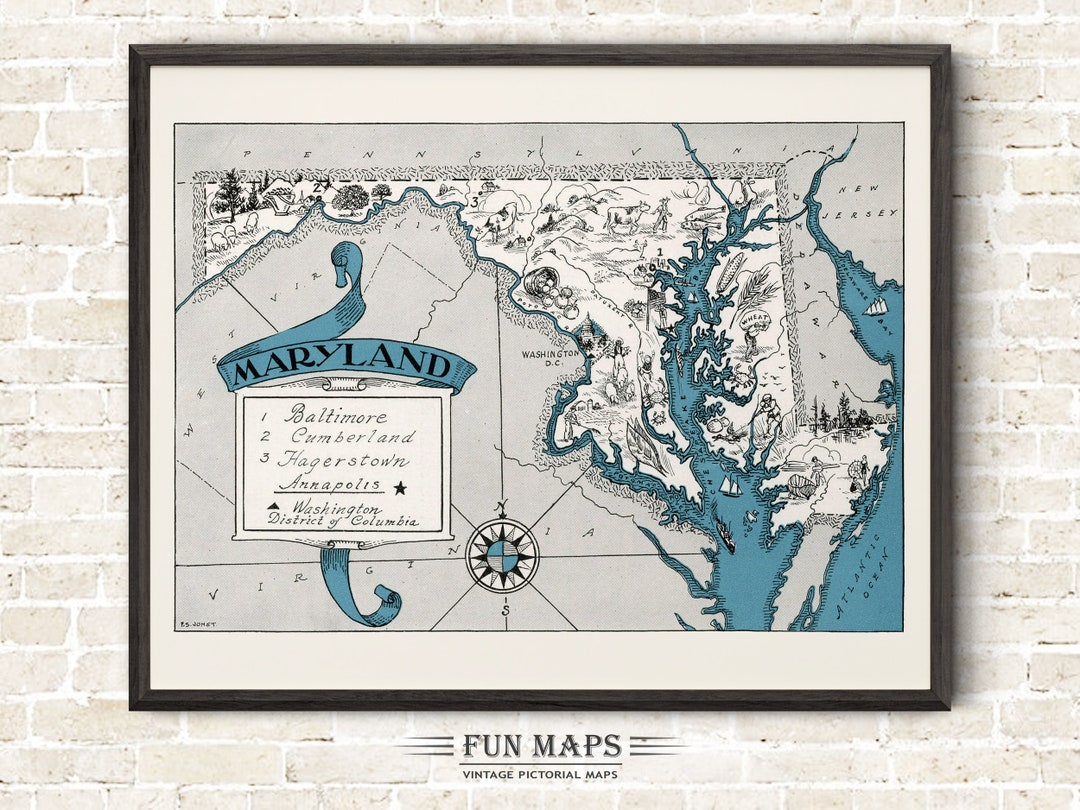 Fun Map of Maryland – Vintage Pictorial Whimsical Cartoon Print ...