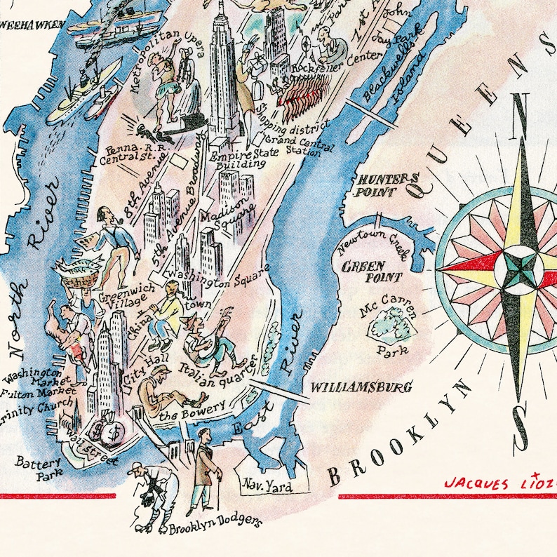 Fun Map of New York City NY- Vintage Pictorial Whimsical Cartoon Old ...