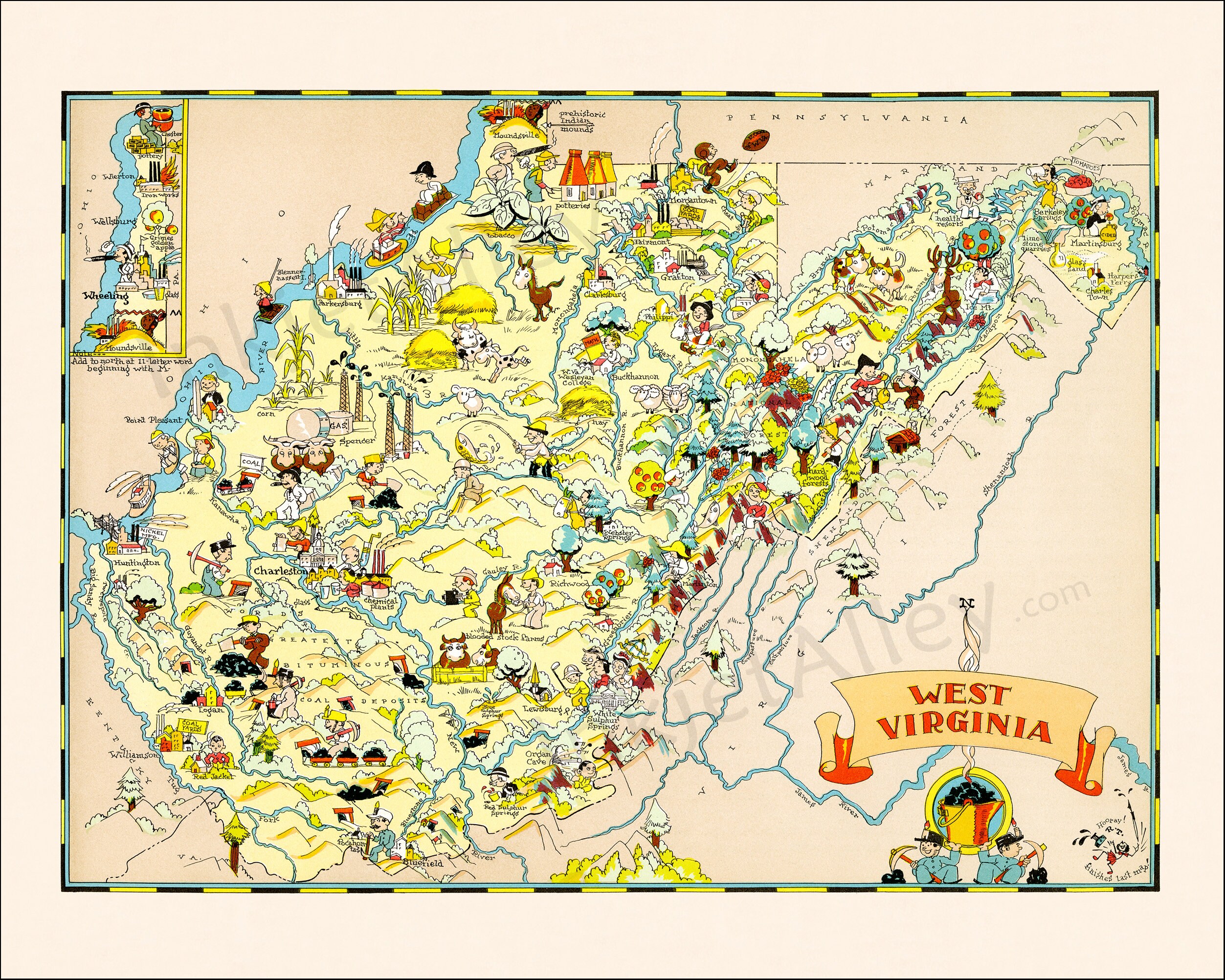 Fun State Map of West Virginia Vintage Pictorial Whimsical Cartoon ...