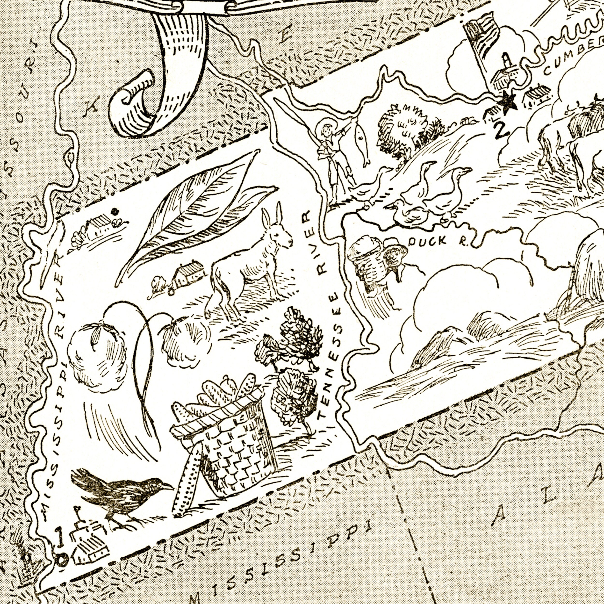 Vintage State Map of Tennessee Fun Pictorial Whimsical Cartoon Print ...