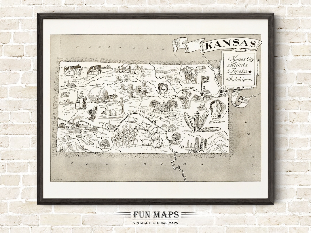 Vintage State Map of Kansas – Fun Pictorial Whimsical Cartoon Print ...