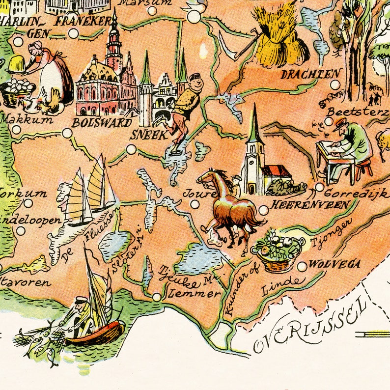 Fun Map of Friesland in the Netherlands Vintage Pictorial - Etsy