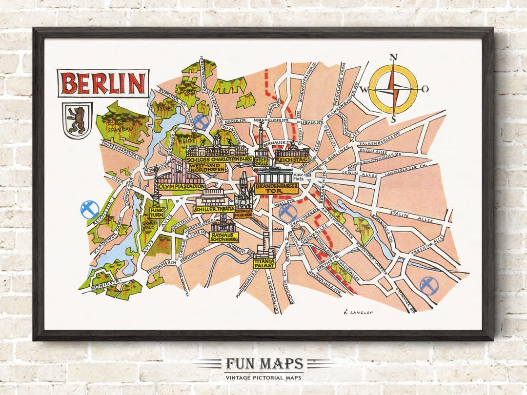Fun Map of Berlin in Germany, Deutschland, DE - Vintage Pictorial ...