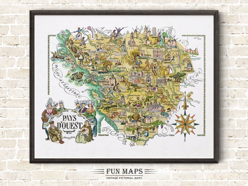 Fun Map of Pays Douest a French Province, France, FR Vintage Pictorial ...