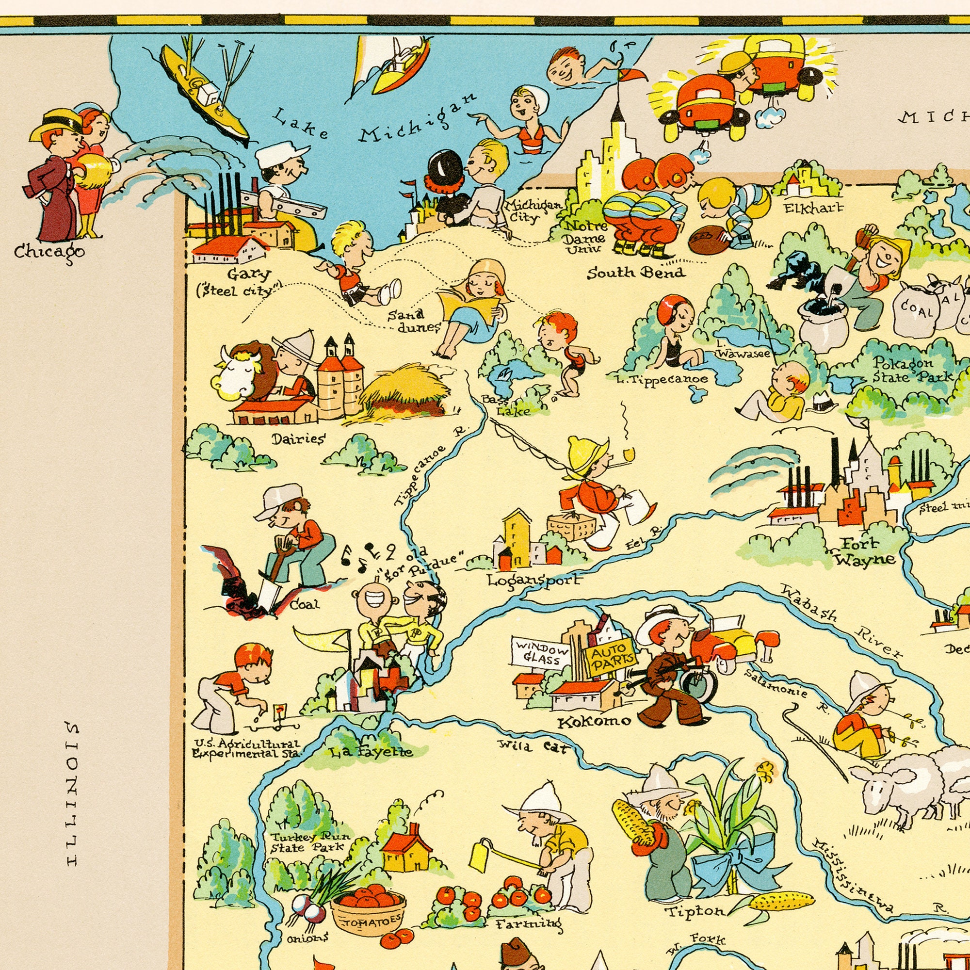 Fun State Map of Indiana Vintage Pictorial Whimsical Cartoon - Etsy