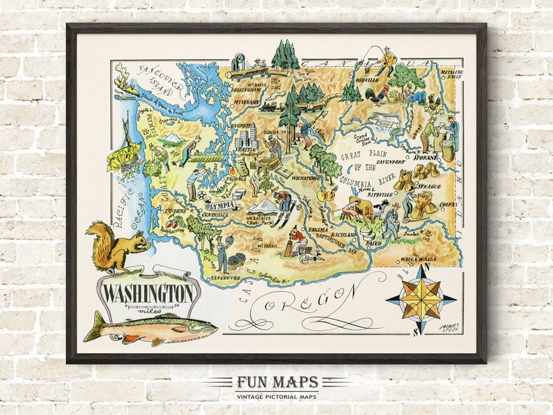 Fun State Map of Washington – Vintage Pictorial Whimsical Cartoon Print ...