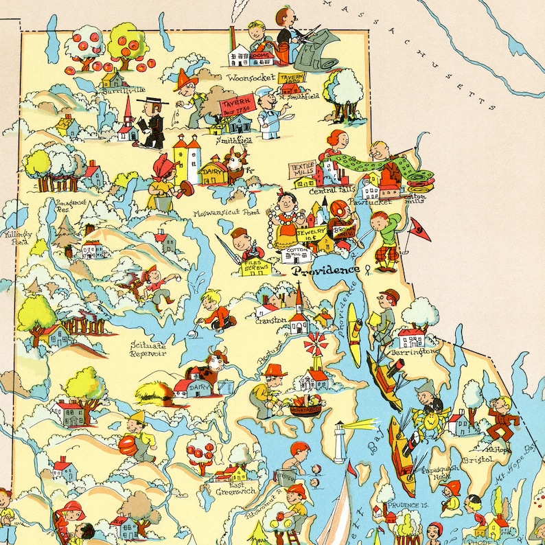 Fun State Map of Rhode Island - Vintage Pictorial Whimsical Cartoon ...