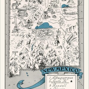 Fun Map of New Mexico – Vintage Pictorial Whimsical Cartoon Print ...