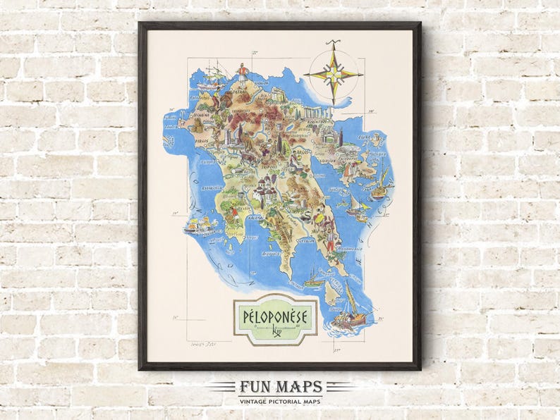 Fun Map of Peloponese Greek Islands Vintage Pictorial Whimsical Cartoon ...