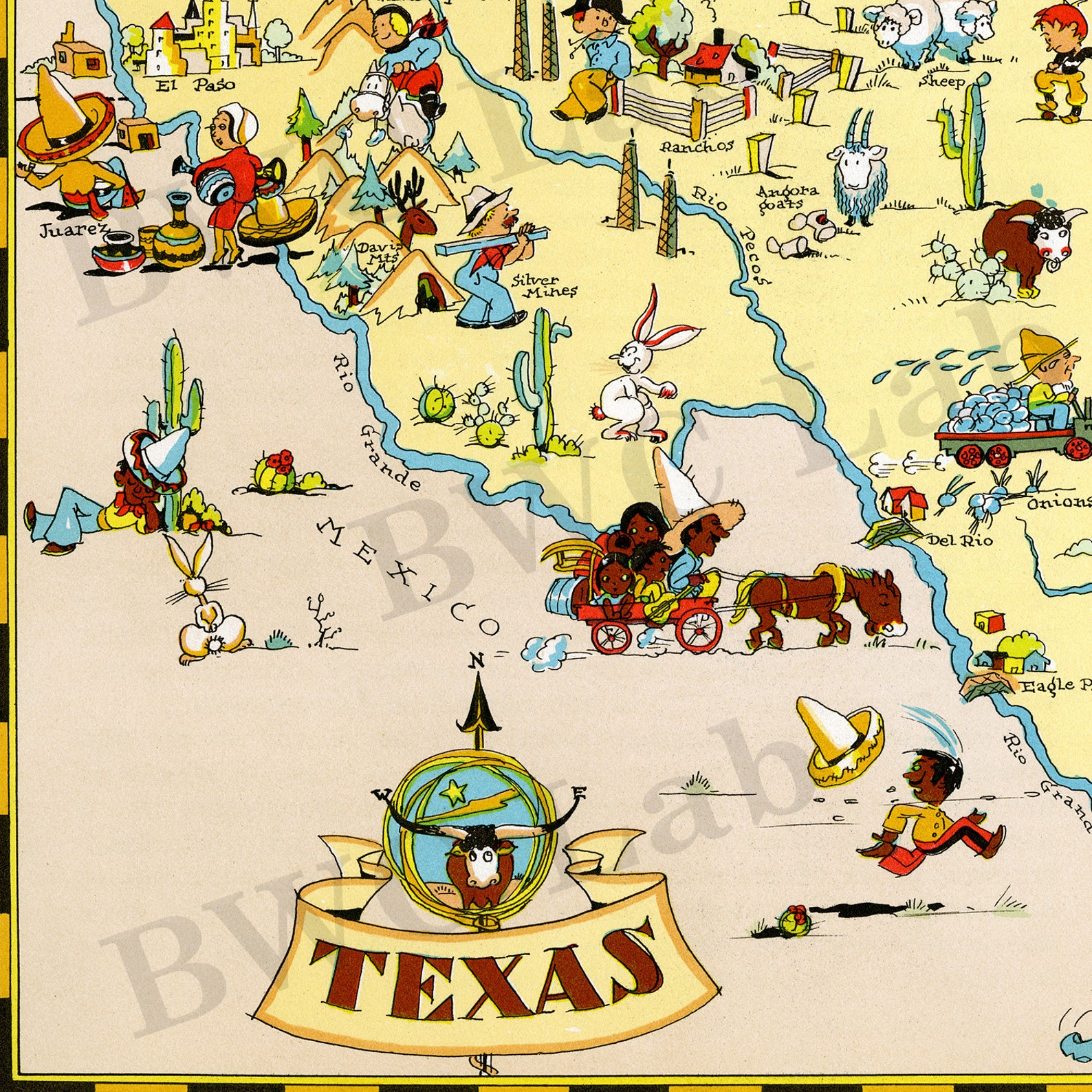 Pictorial Map of Texas colorful fun illustration of vintage | Etsy