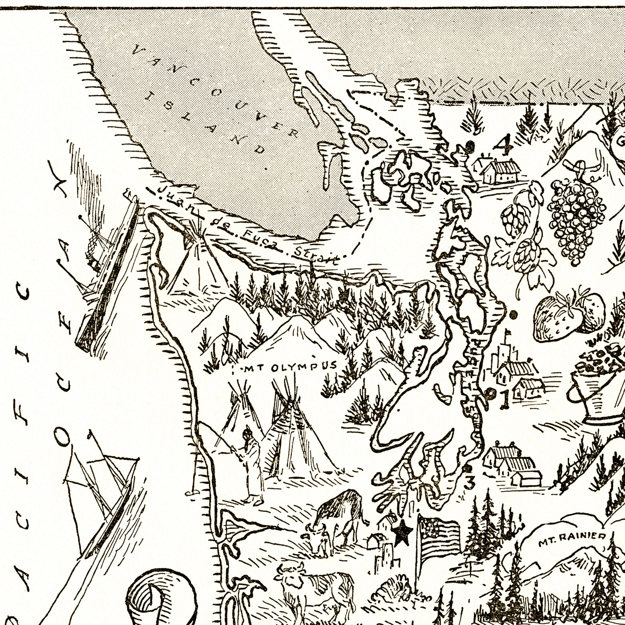 Vintage State Map of Washington Fun Pictorial Whimsical Cartoon Print ...