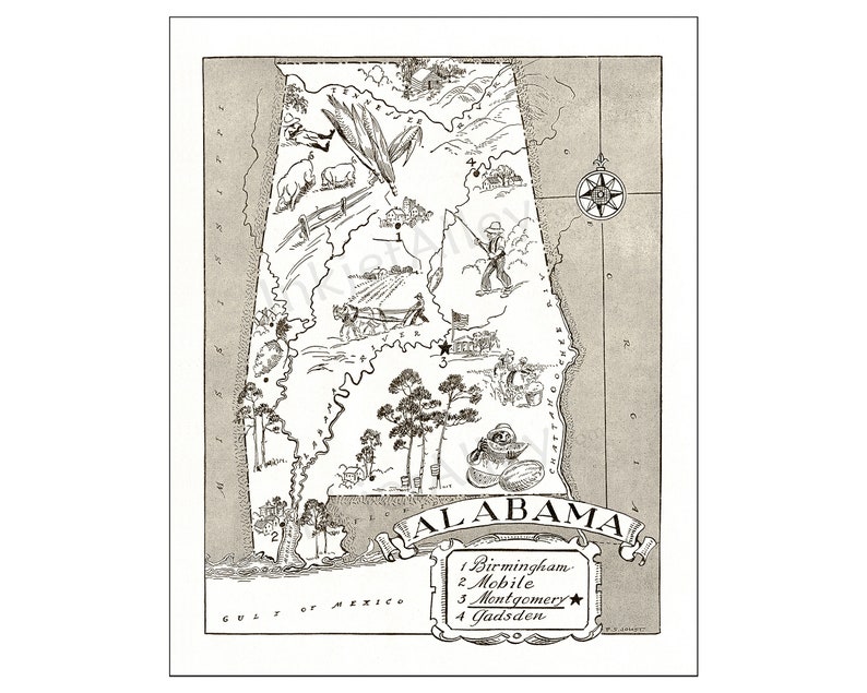 Vintage State Map of Alabama Fun Pictorial Whimsical Cartoon - Etsy
