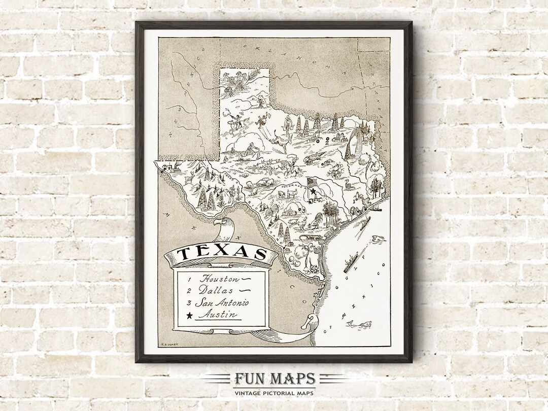 Vintage State Map of Texas – Fun Pictorial Whimsical Cartoon Print ...