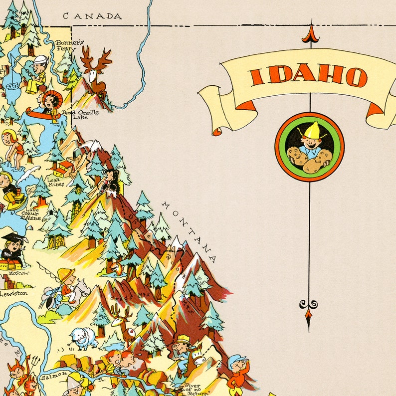Fun State Map of Idaho Vintage Pictorial Whimsical Cartoon - Etsy