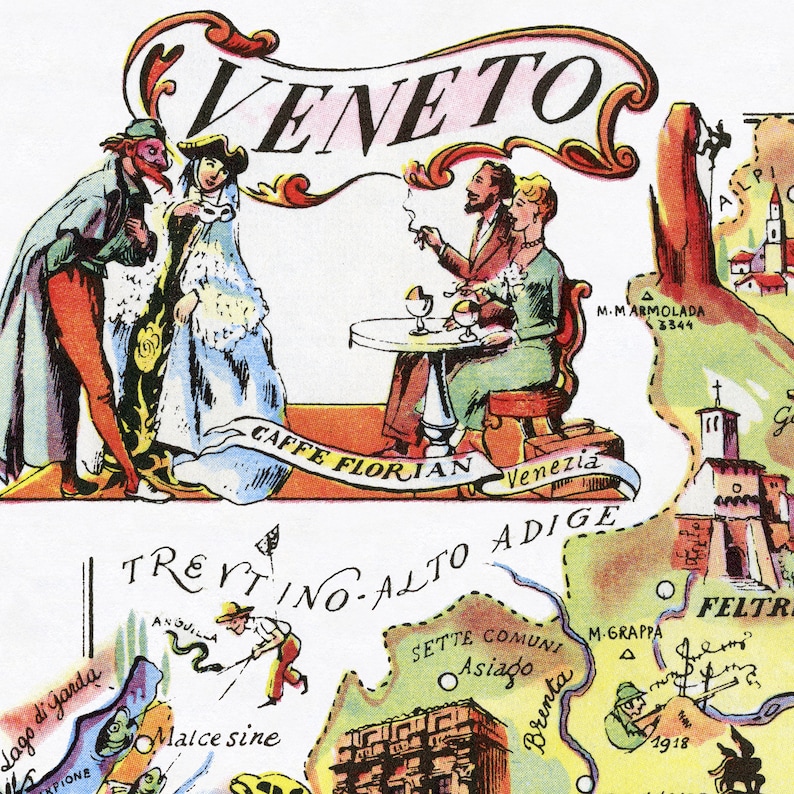 Fun Map of Veneto in Italy Vintage Pictorial Whimsical Cartoon Old ...