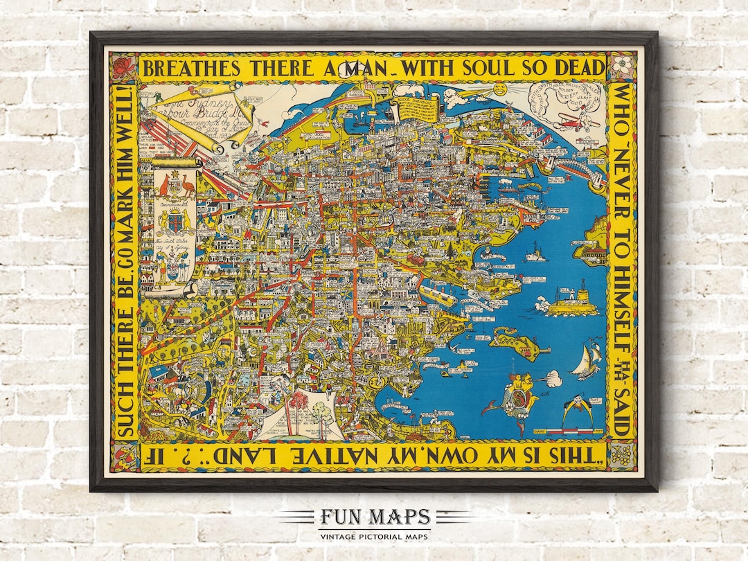 Fun Map of Sydney Harbor in Australia Vintage Pictorial Whimsical Old ...