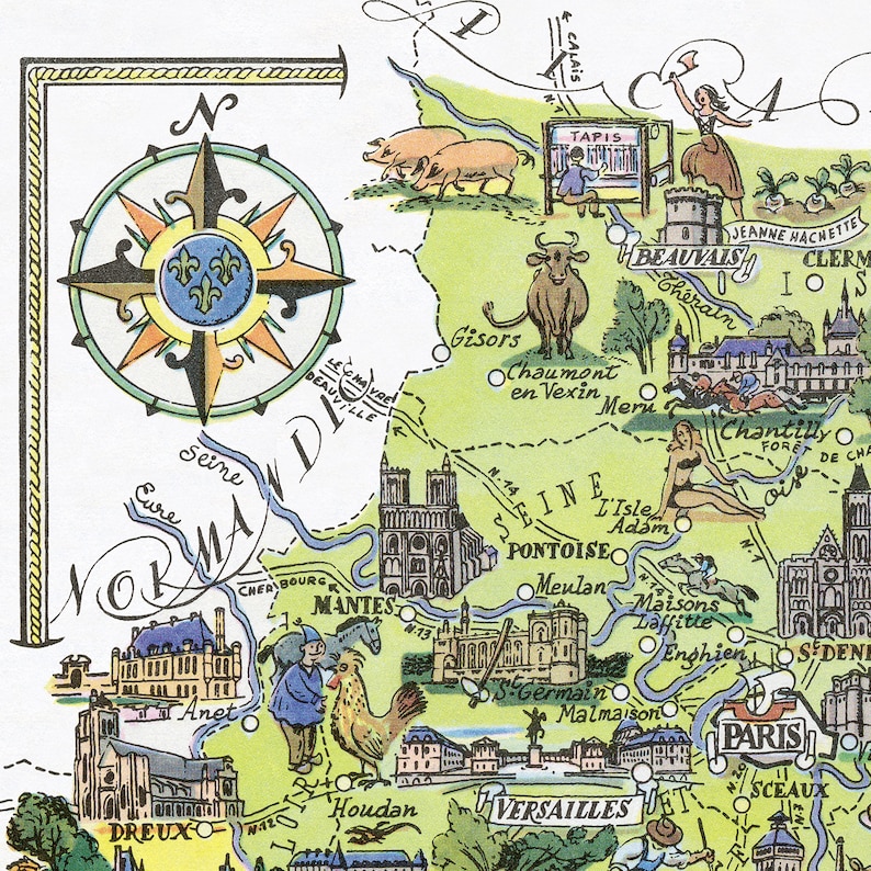 Fun Map of Ile De France a French Province, France, FR Vintage ...