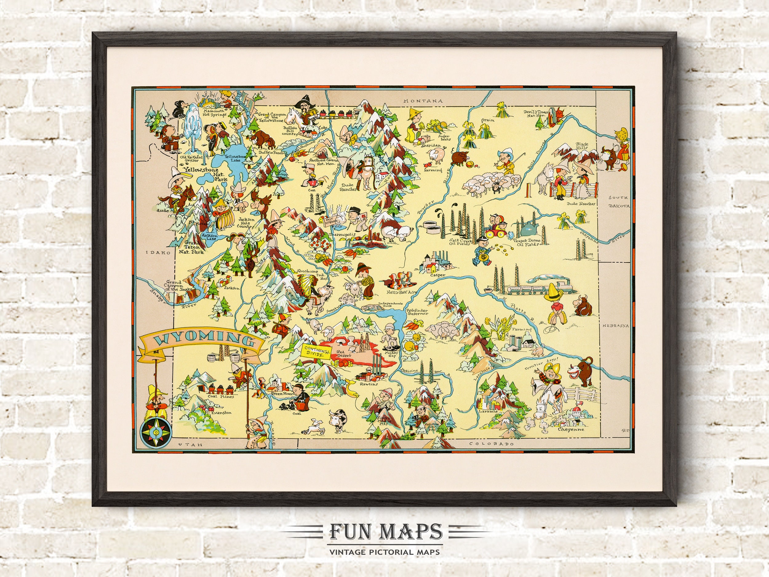 Fun State Map of Wyoming – Vintage Pictorial Whimsical Cartoon Print ...