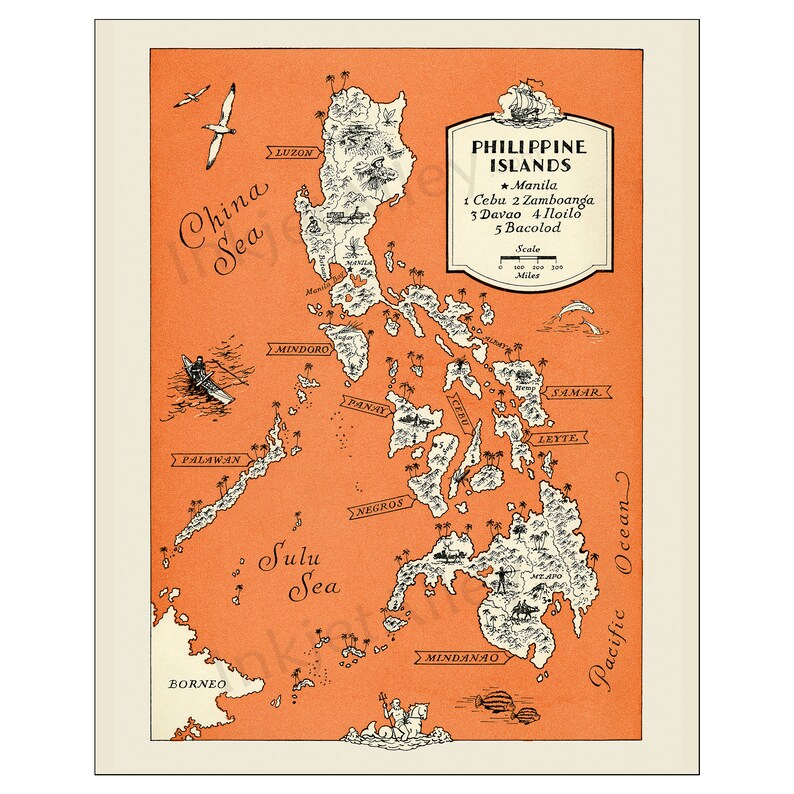 Map of the Philippine Islands Fun Vintage Pictorial Animated Cartoon ...