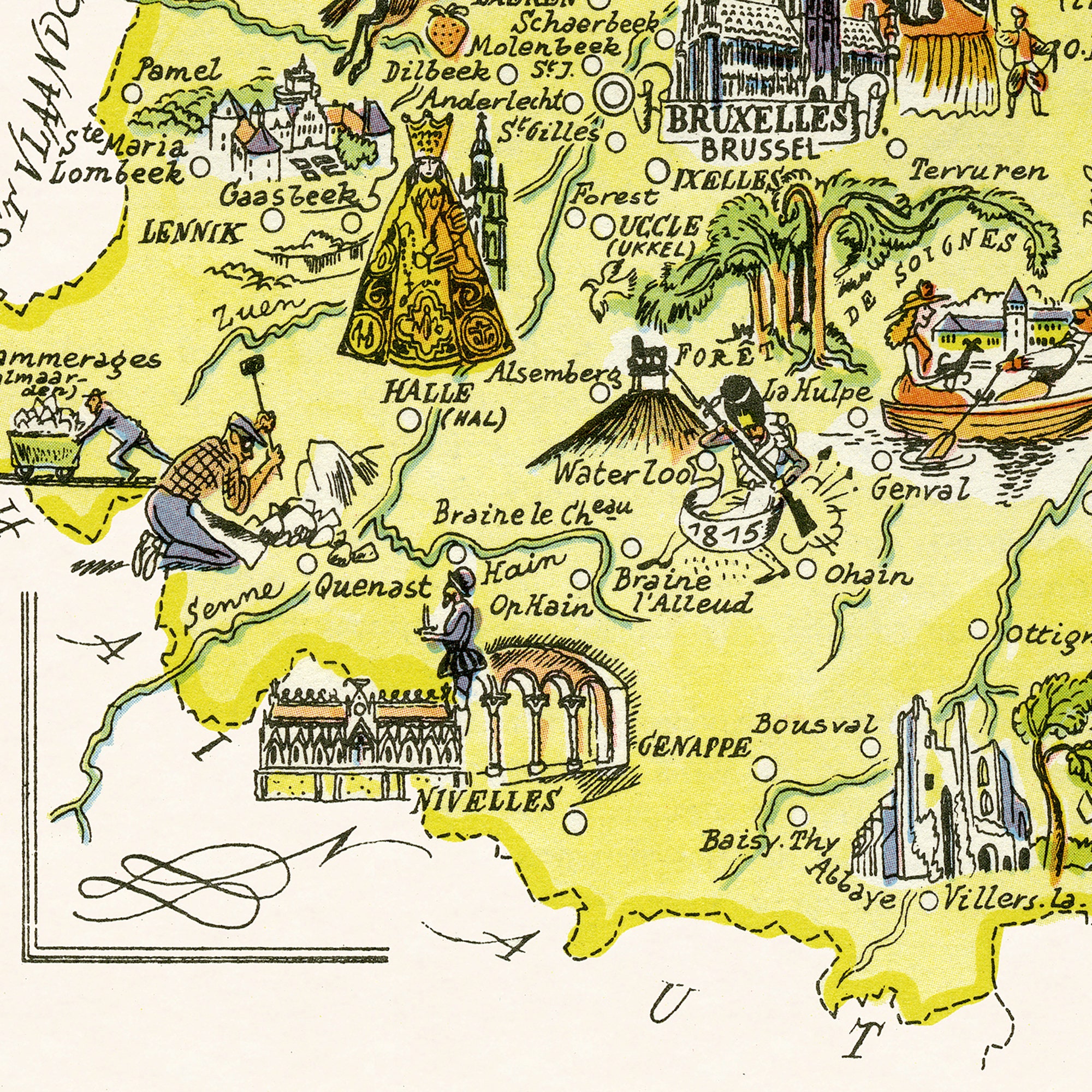 Fun Map of Brabant in Belgium Vintage Pictorial Whimsical Cartoon Print ...