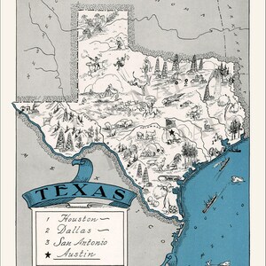 Fun Map of Texas – Vintage Pictorial Whimsical Cartoon Print ...