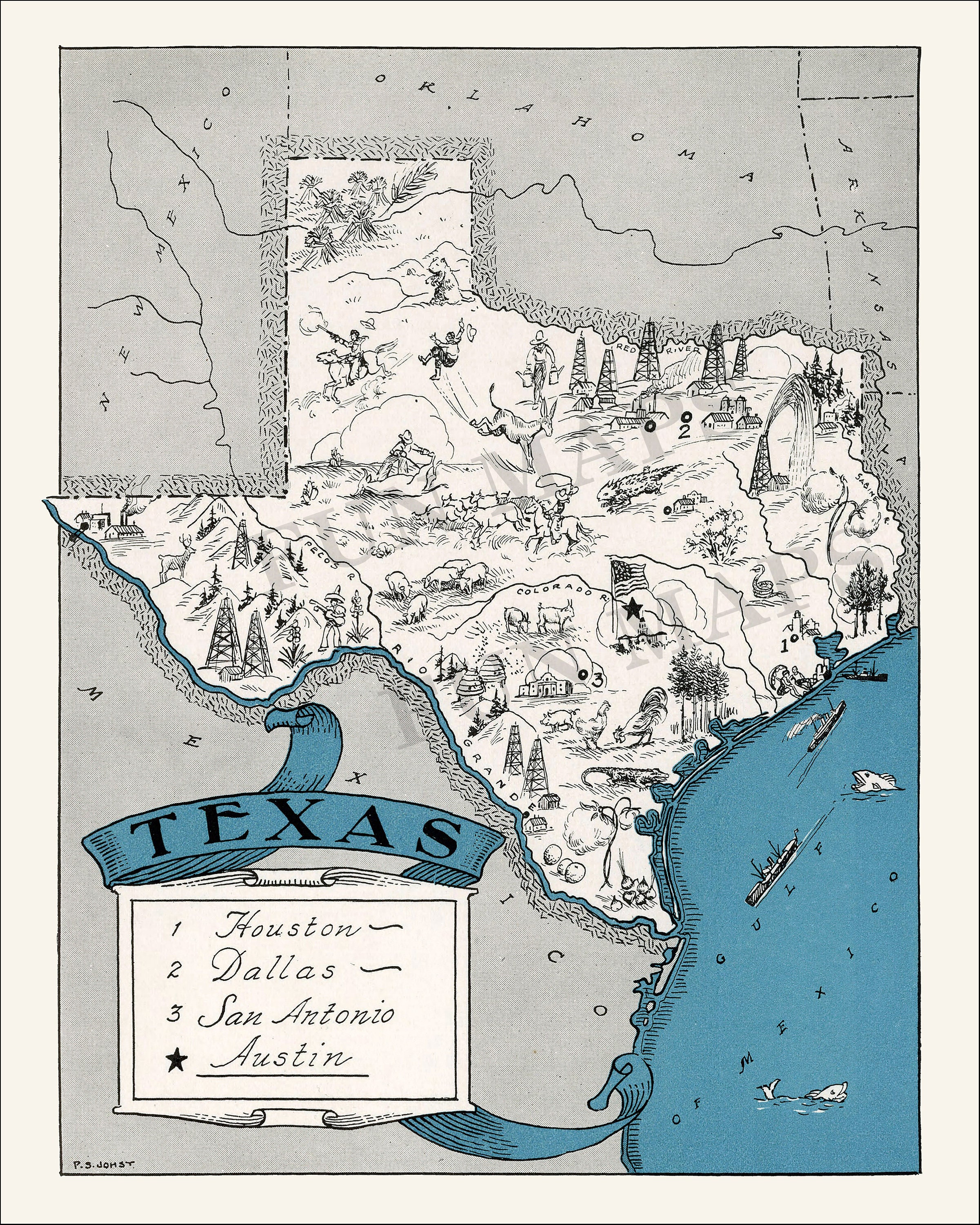 Fun Map of Texas – Vintage Pictorial Whimsical Cartoon Print ...