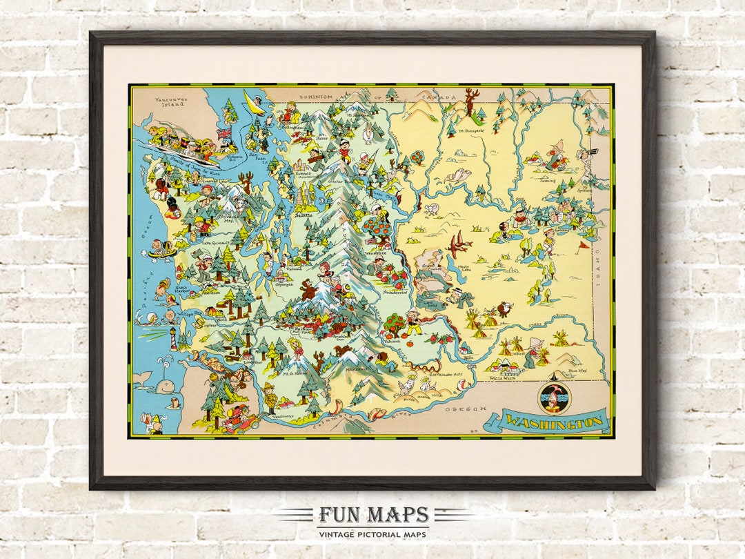 Fun State Map of Washington – Vintage Pictorial Whimsical Cartoon Print ...