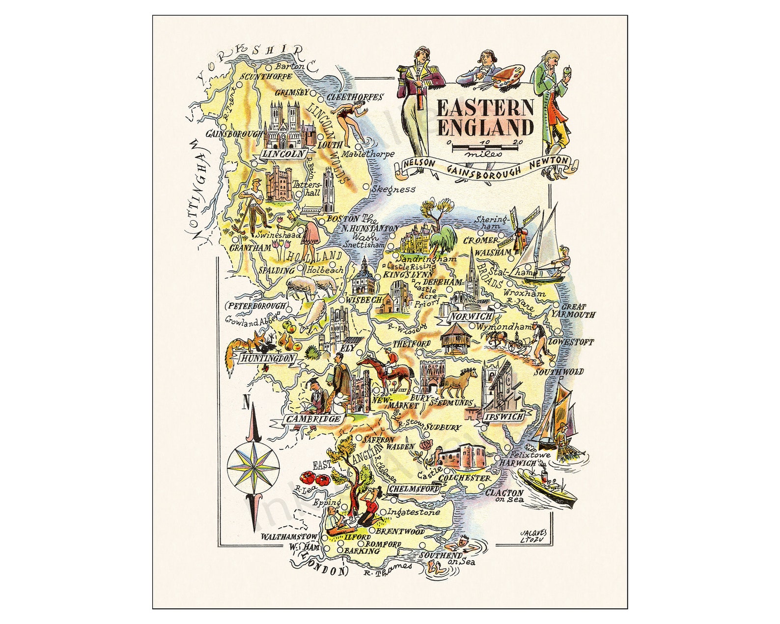 Fun Map of Eastern England in Great Britain, England, UK, Vintage ...