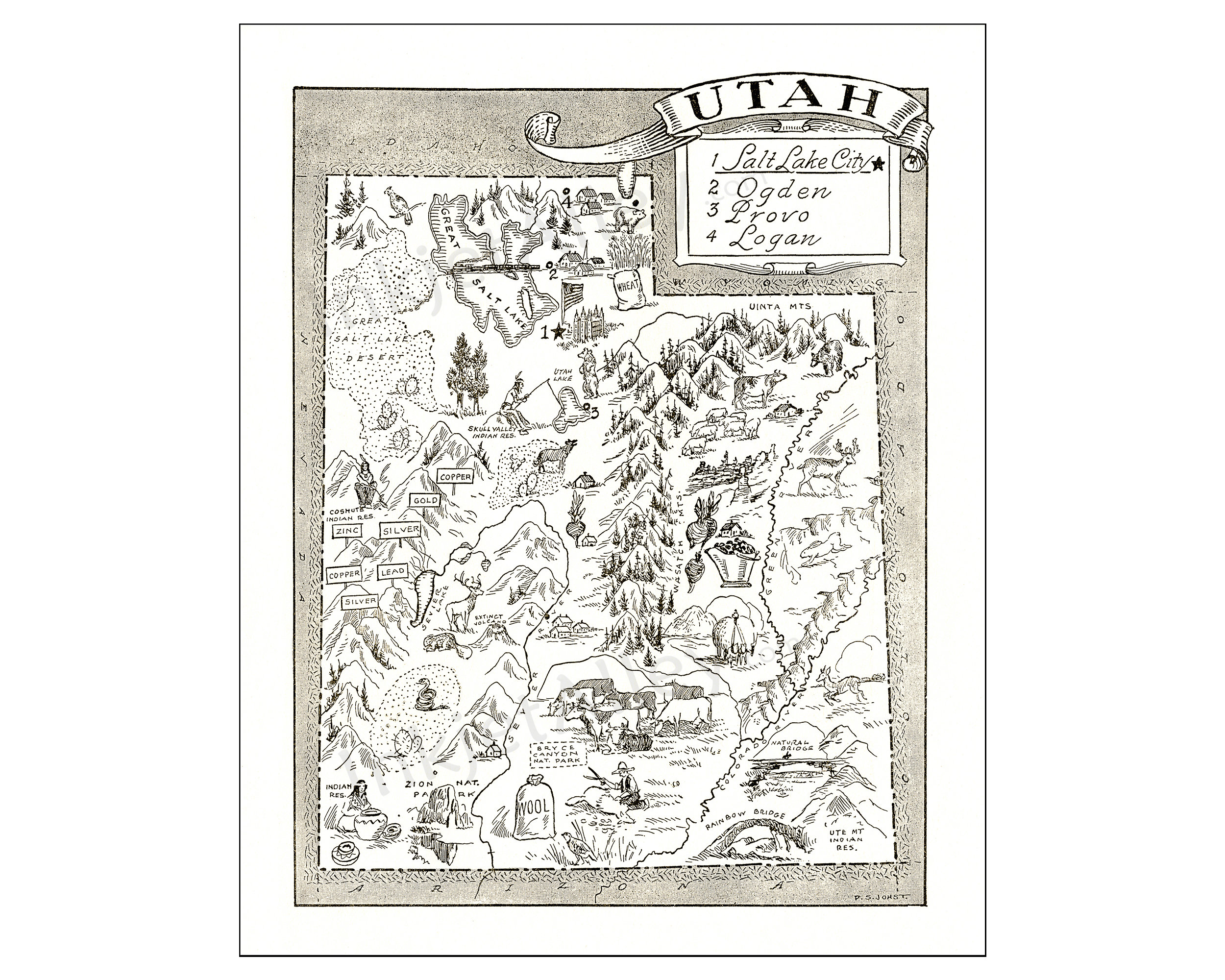 Vintage State Map of Utah Fun Pictorial Whimsical Cartoon Print ...