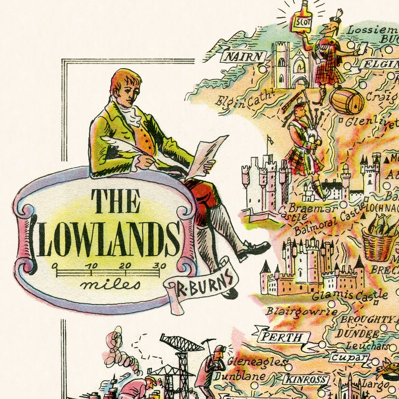 Fun Map of the Lowlands in Great Britain, England, UK, Vintage ...