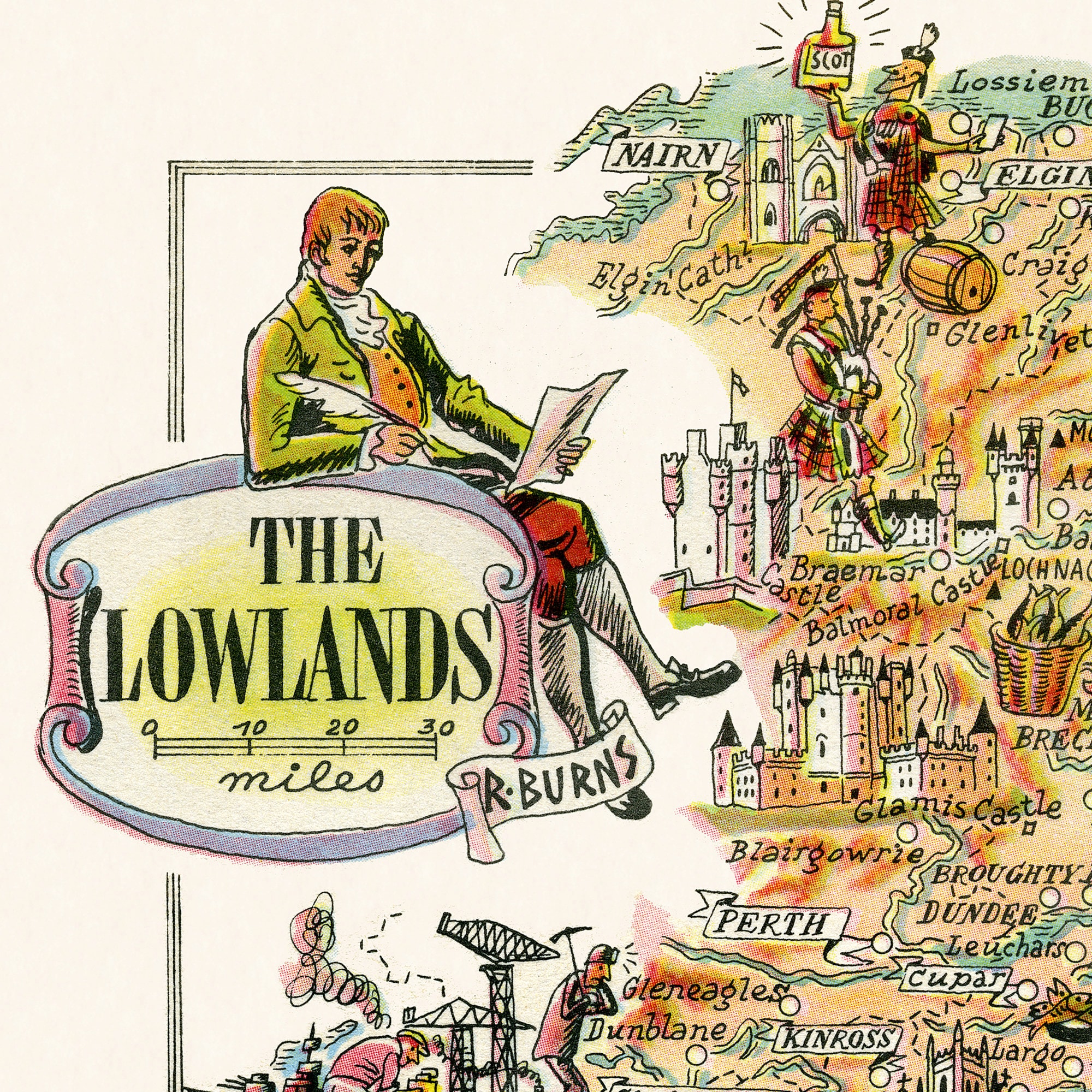 Fun Map of the Lowlands in Great Britain, England, UK, Vintage ...