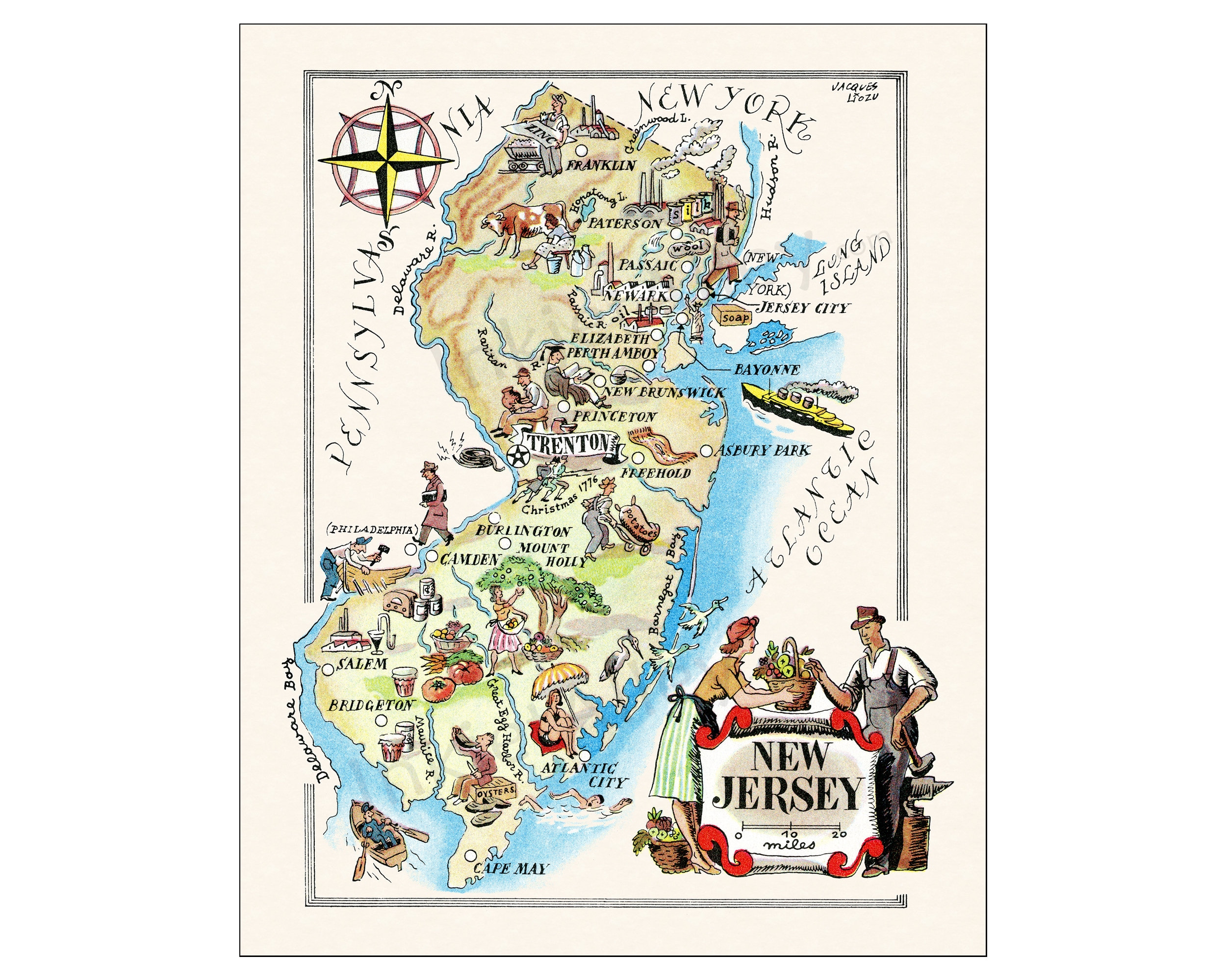 Fun State Map of New Jersey – Vintage Pictorial Whimsical Cartoon Print ...