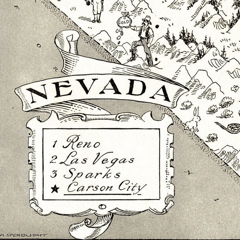 Vintage State Map of Nevada Fun Pictorial Whimsical Cartoon - Etsy