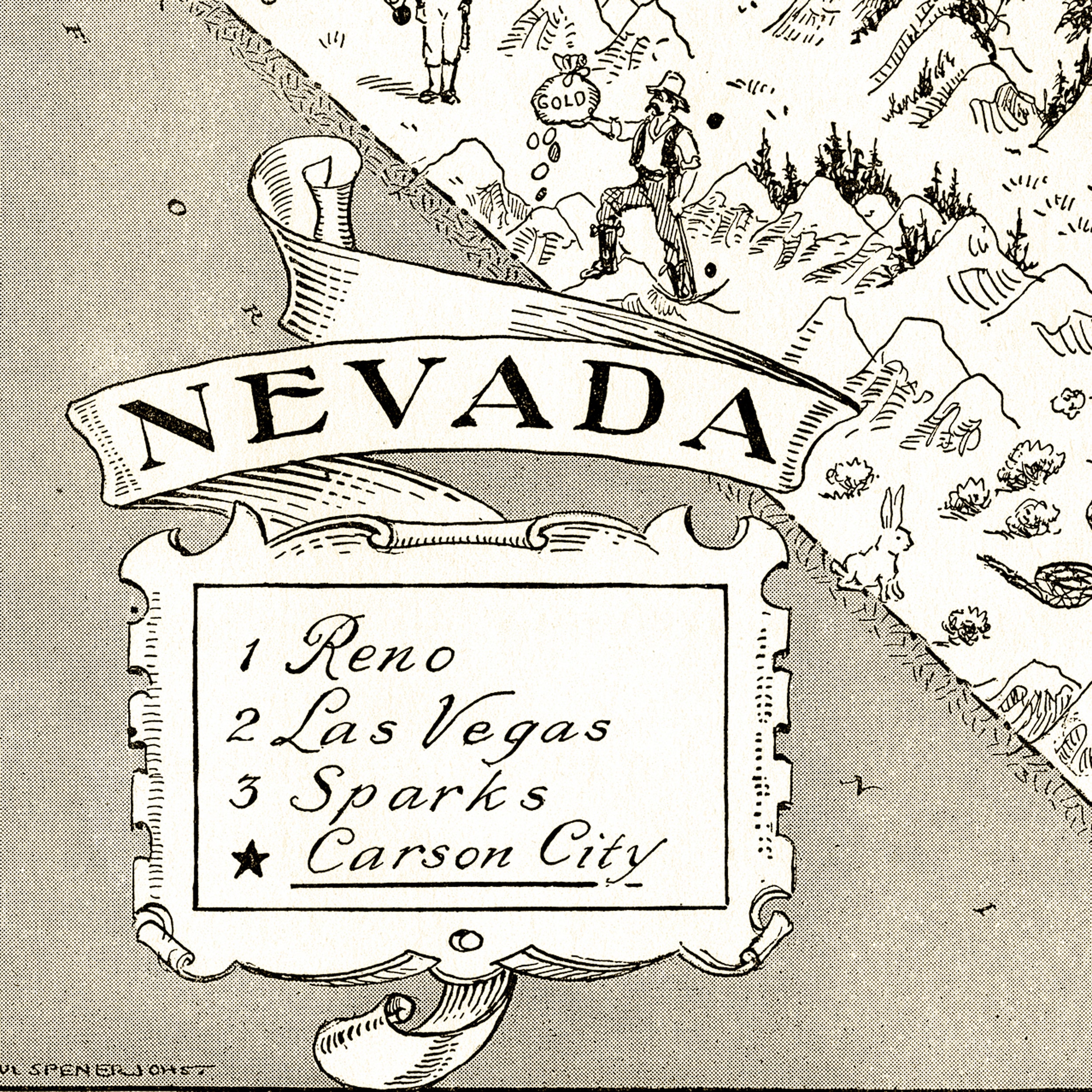 Vintage State Map of Nevada – Fun Pictorial Whimsical Cartoon Print ...