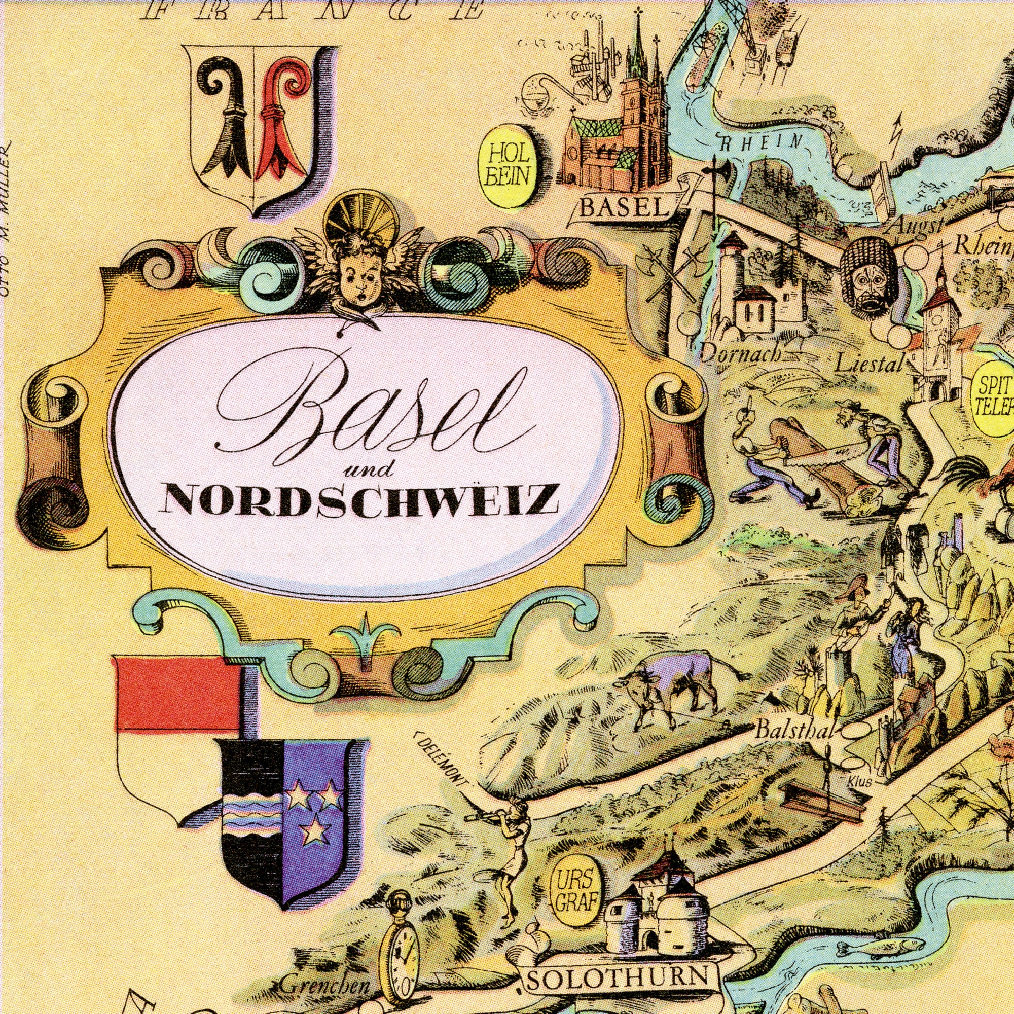 Fun Map of Basel & Nordschweiz in Switzerland - Vintage Pictorial ...