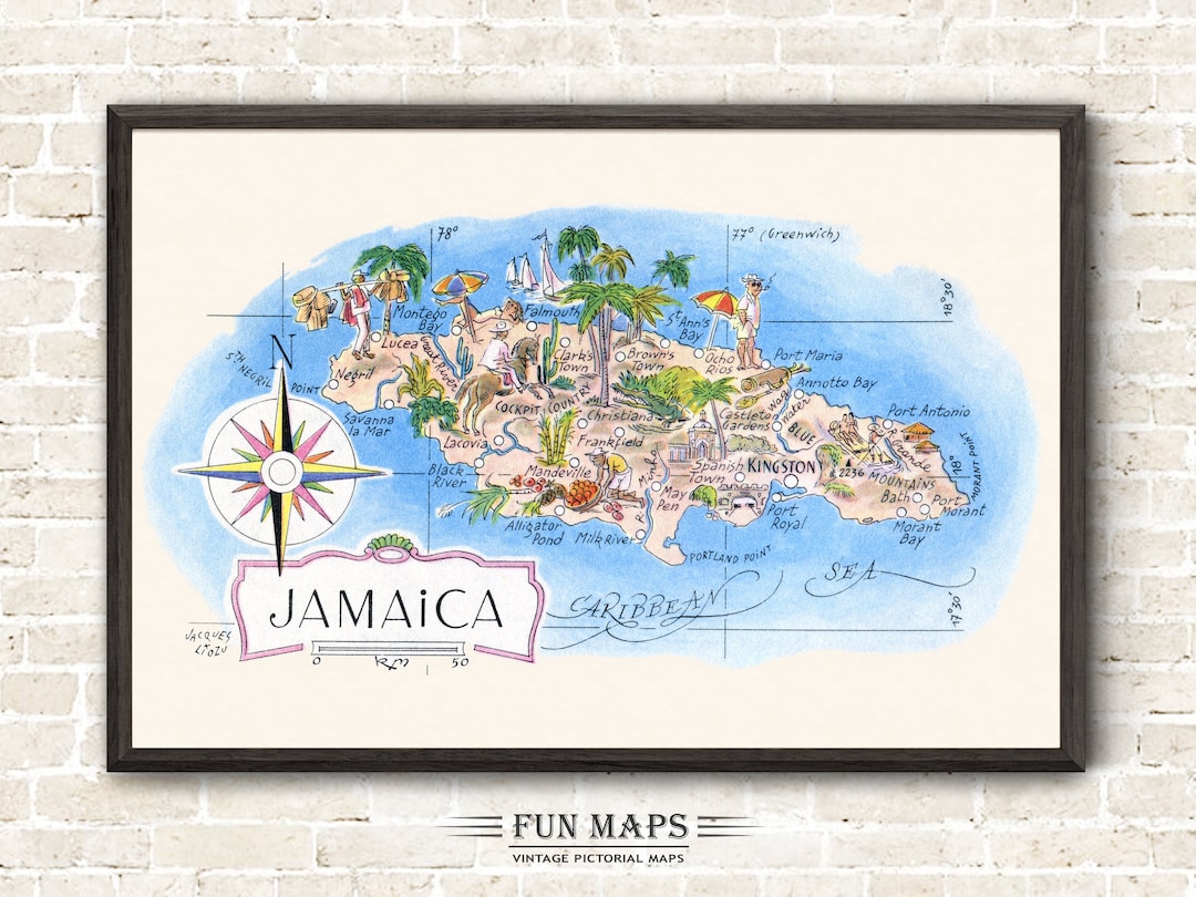 Fun Map of Jamaica in the Caribbean – Vintage Pictorial Whimsical ...