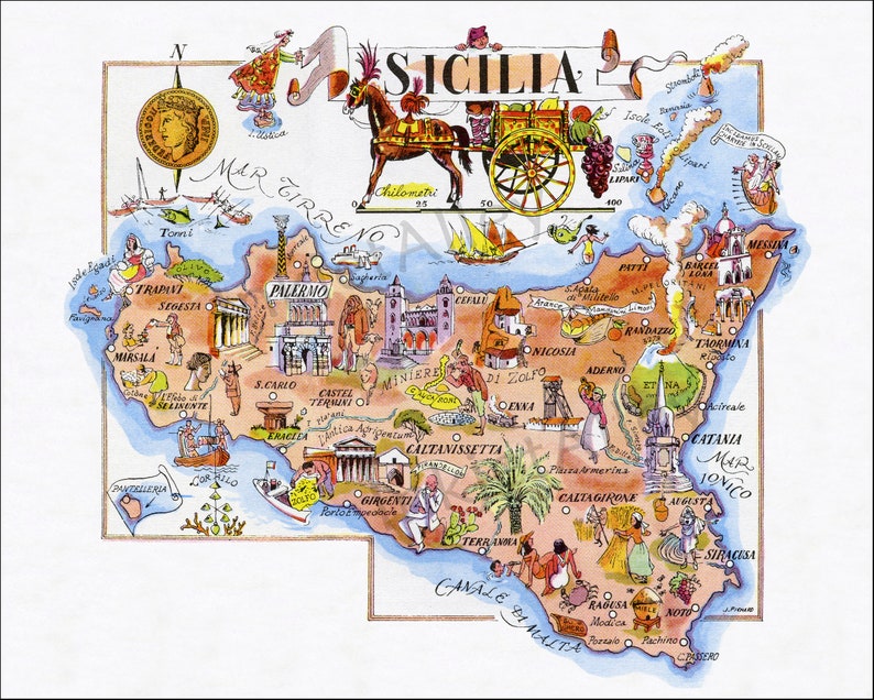 Fun Map of Sicily in Italy Vintage Pictorial Whimsical Cartoon Old ...