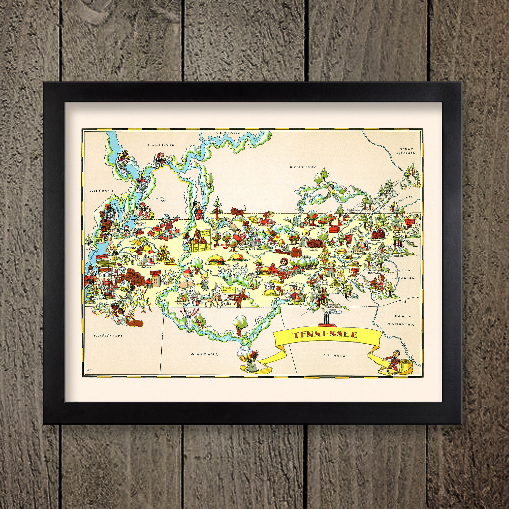Fun State Map of Tennessee Vintage Pictorial Whimsical - Etsy