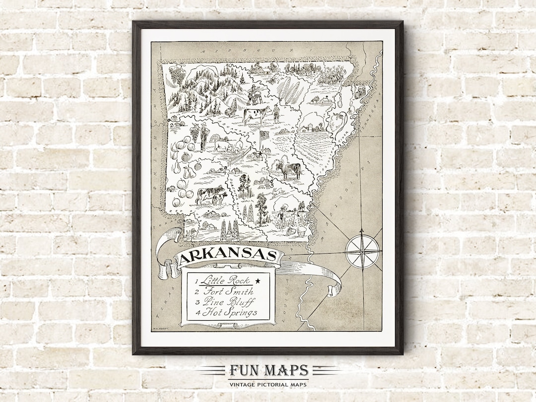 Vintage State Map of Arkansas– Fun Pictorial Whimsical Cartoon Print ...
