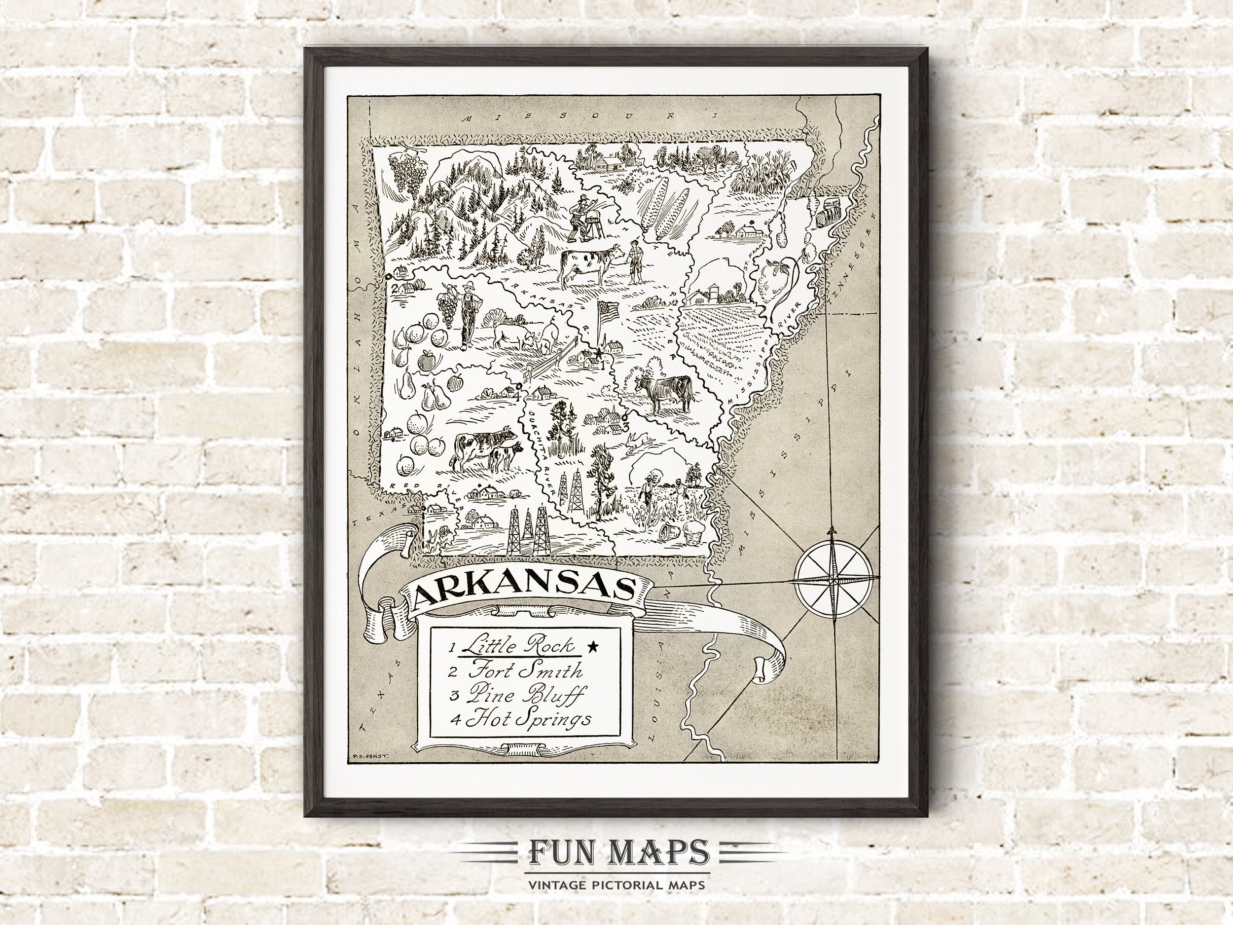 Vintage State Map of Arkansas Fun Pictorial Whimsical Cartoon Print ...