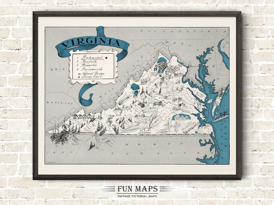 Fun Map of Virginia – Vintage Pictorial Whimsical Cartoon Print ...