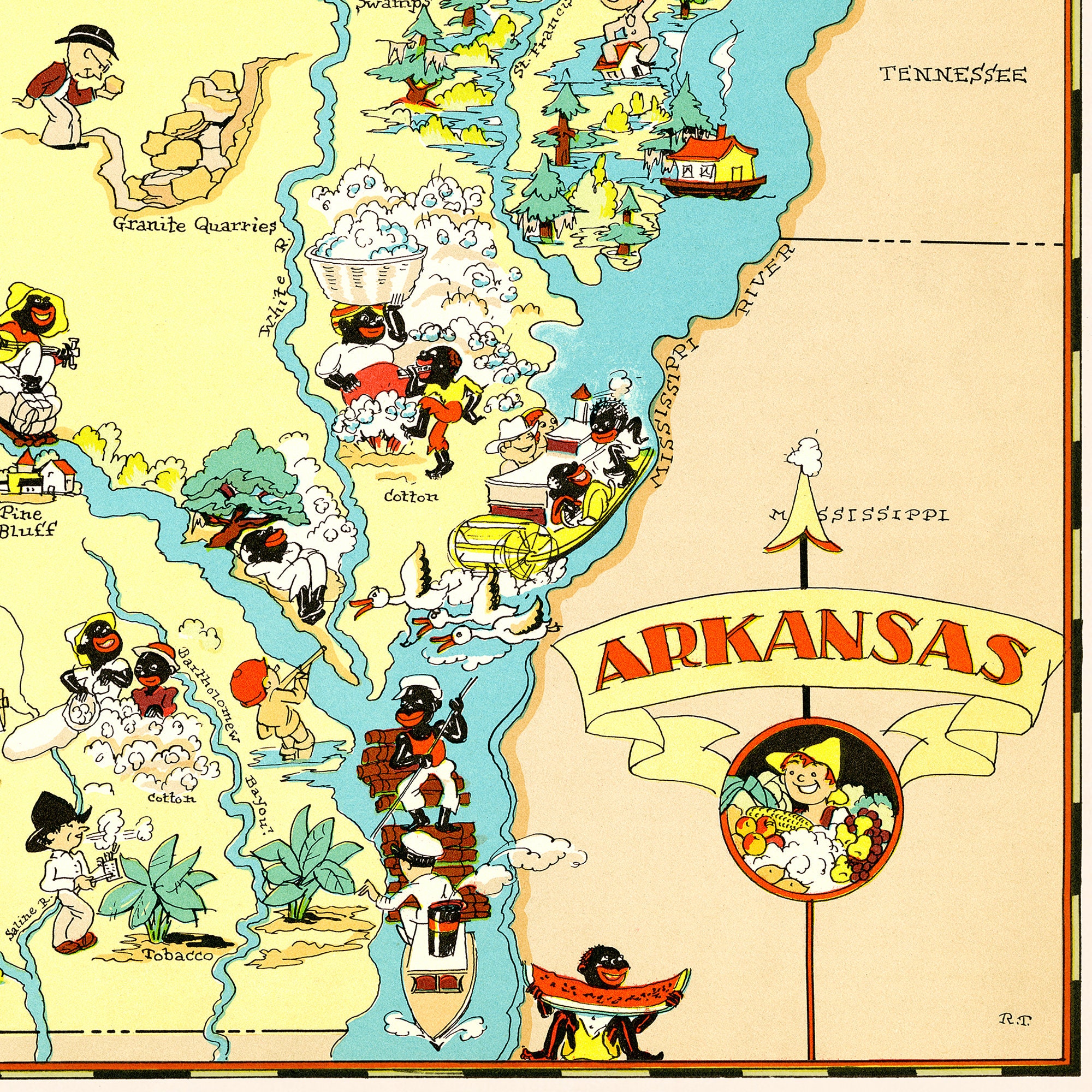 Fun State Map of Arkansas Vintage Pictorial Whimsical Cartoon Print ...